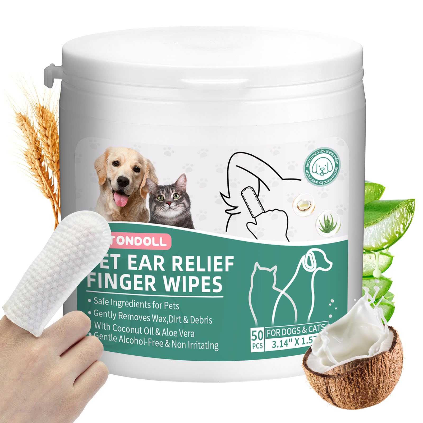 ANTONDOLL Dog Ear Cleaner Finger Wipes - Cat Ear Cleaner Wipes Grooming Pet Supplies Reduce Dirt Wax, Debris Soothes & Deodorizes, Fresh Coconut Scent 50 Counts