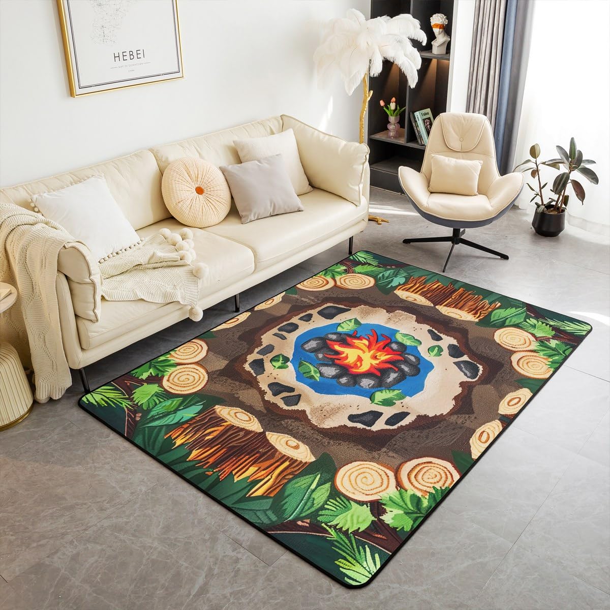 Erosebridal Campfire Area Rug 5x7 Tree Stump Rug for Teens Kids Fun Woodland Campsite Summer Happy Camping Carpet Cartoon Stones Green Tree Non Slip Living Room Rugs