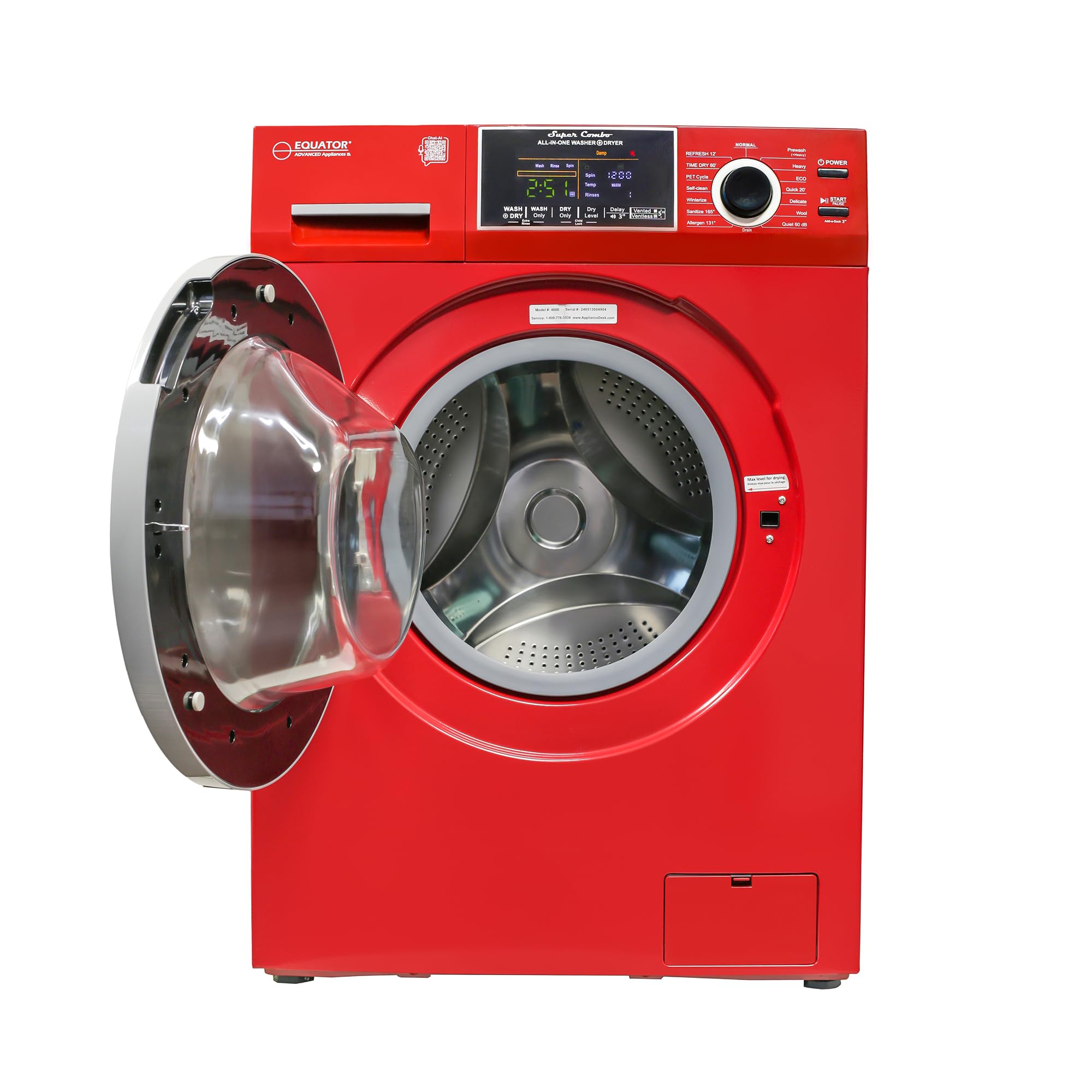 Equator All-in-One Washer Dryer VENTLESS/VENTED PET cycle 1.62cf/15lbs 110V in Merlot