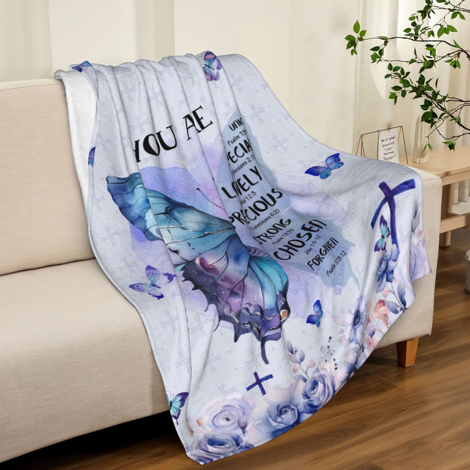 Christian Blanket for Inspirational Gifts, Christian Birthday Butterfly Gifts for Kids Girls, Purple Floral Butterfly Blanket for Bible Verse Gifts, Soft Plush Prayer Blanket for Couch 40x50 Inches