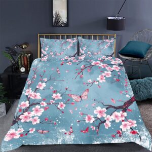 ccoutuechen japanese cherry blossom duvet cover set king size blue floral butterfly comforter bedding set retro duvet covers for girls women adults botanical flower duvet cover with 2 pillowcases