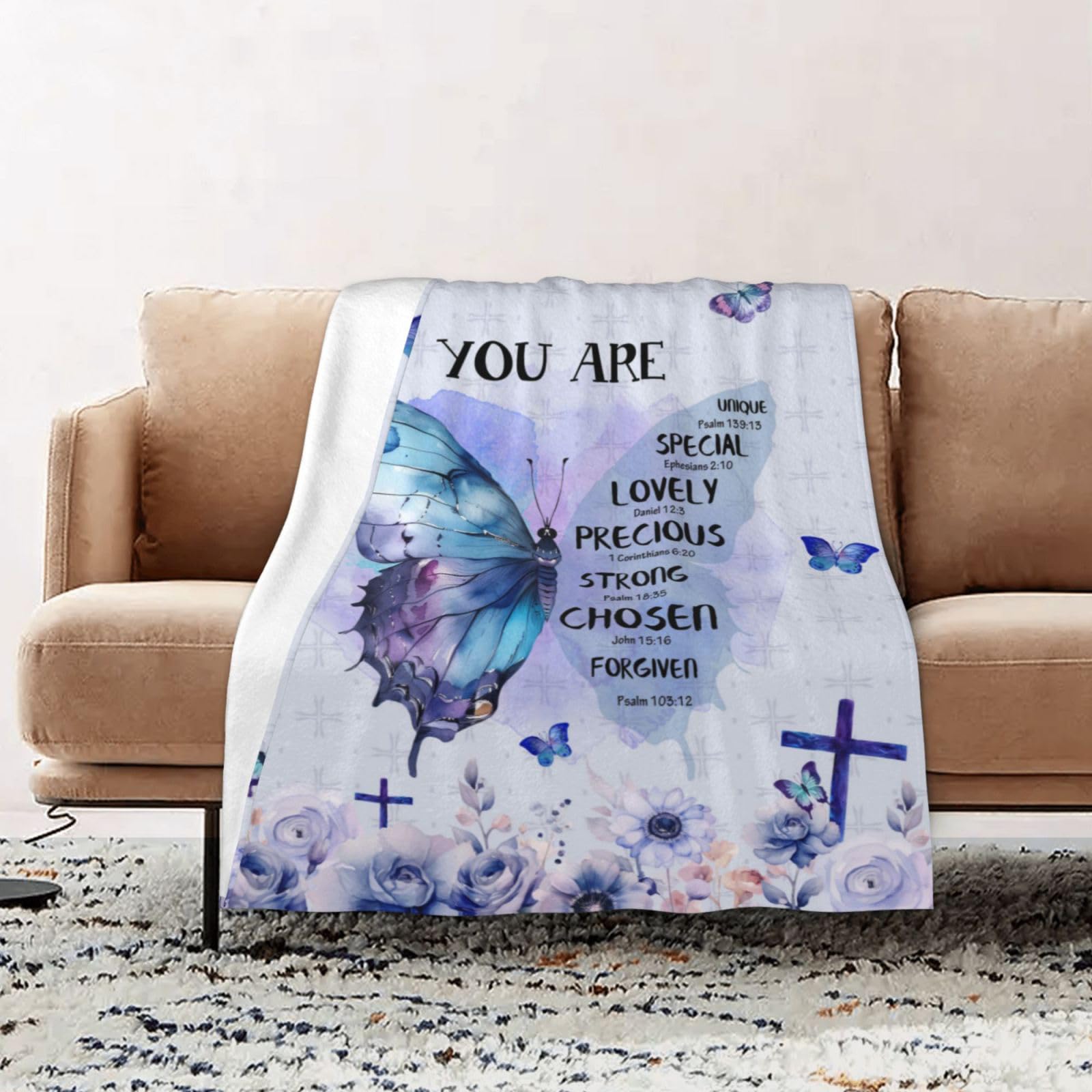 Christian Blanket for Inspirational Gifts, Christian Birthday Butterfly Gifts for Kids Girls, Purple Floral Butterfly Blanket for Bible Verse Gifts, Soft Plush Prayer Blanket for Couch 40x50 Inches