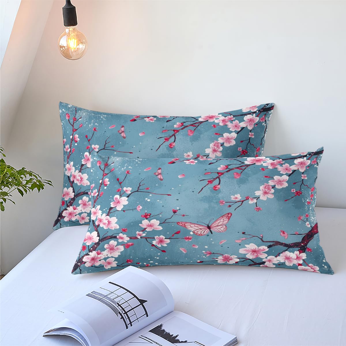 CCoutueChen Japanese Cherry Blossom Duvet Cover Set King Size Blue Floral Butterfly Comforter Bedding Set Retro Duvet Covers for Girls Women Adults Botanical Flower Duvet Cover with 2 Pillowcases