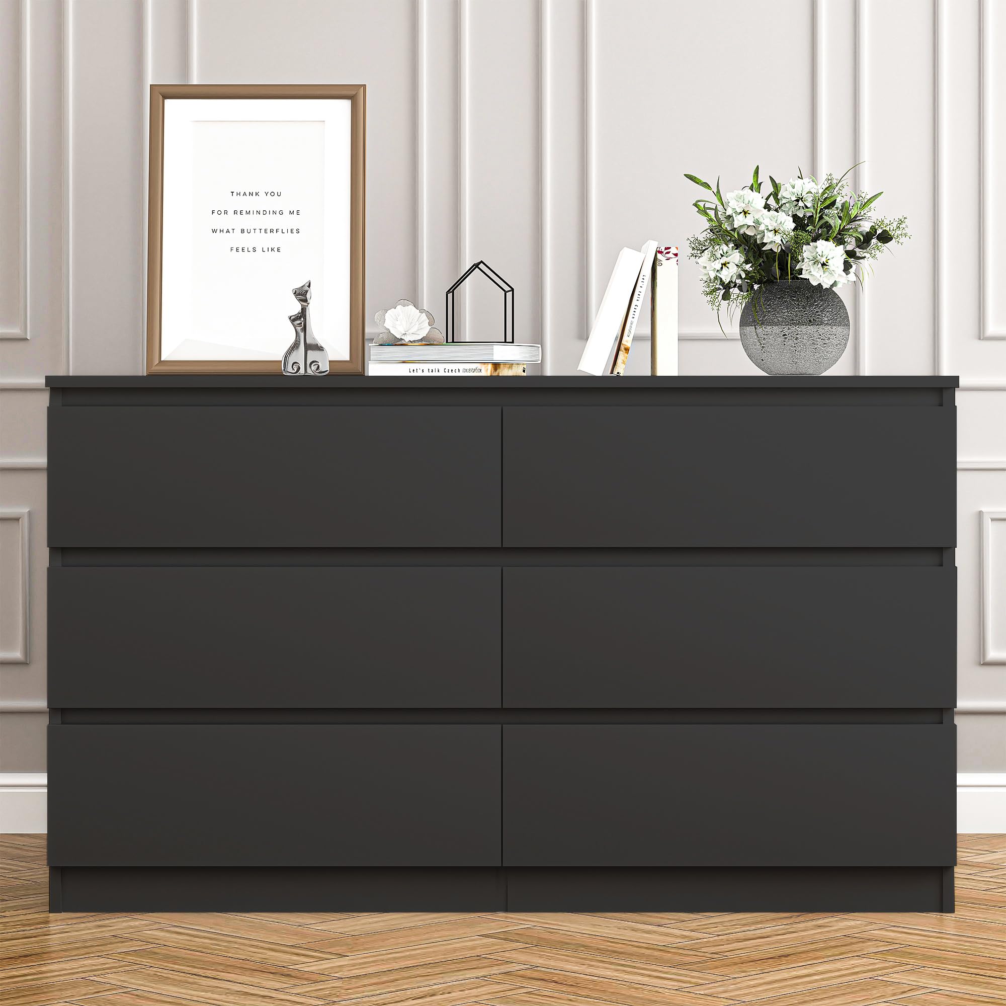 VERYKE Black Dresser for Bedroom,6 Drawer Dresser,Chest of Drawers,Modern Wood Dresser,Dresser Bedroom Furniture,TV Dresser for Bedroom,Kid's Room,Nursery