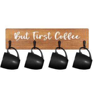 bivvclaz coffee mug holder wall mount, wooden coffee cup holder, but first coffee rustic wood wall sign decoration, mug hanger organizer shelf rack, farmhouse kitchen decor and coffee bar accessories