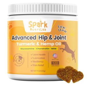 joint support chews for dogs - advanced dog hip & joint relief supplement for small to large breeds, 120 count flavor soft chews with glucosamine, chondroitin, turmeric & hemp oil - made in usa