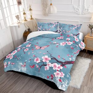 CCoutueChen Japanese Cherry Blossom Duvet Cover Set King Size Blue Floral Butterfly Comforter Bedding Set Retro Duvet Covers for Girls Women Adults Botanical Flower Duvet Cover with 2 Pillowcases