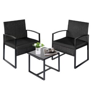 homezillions outdoor furniture 3 piece patio set balcony furniture, rattan wicker chairs outdoor bistro set with table and cushions for poolside yard porch, black