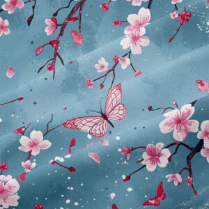 CCoutueChen Japanese Cherry Blossom Duvet Cover Set King Size Blue Floral Butterfly Comforter Bedding Set Retro Duvet Covers for Girls Women Adults Botanical Flower Duvet Cover with 2 Pillowcases