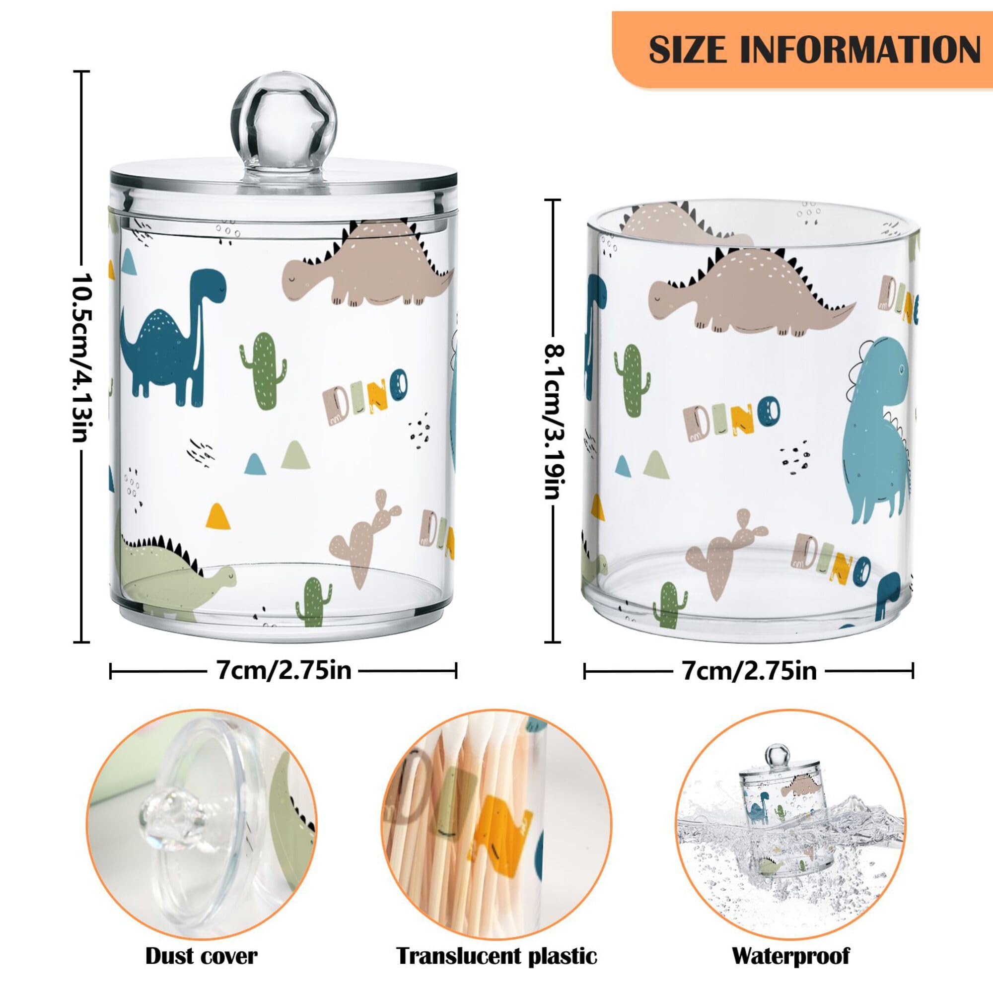 2 PACK Cartoon Dinosaur Qtip Holder Dispenser for Cotton Ball, Cotton Swab, Cotton Round Pads, Floss Picks - Plastic Apothecary Jar Set for Bathroom Canister Storage Organization