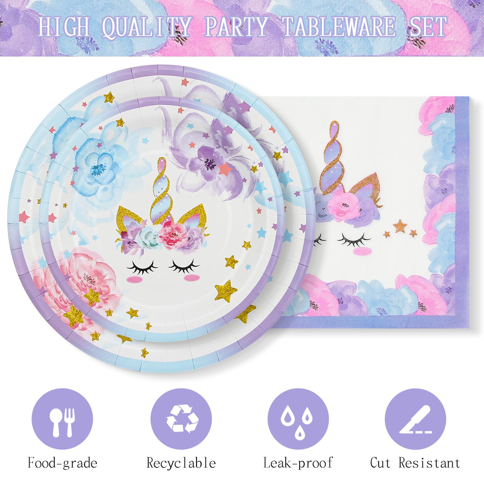 168 Pcs Unicorn Birthday Party Decorations, Unicorn Party Supplies, Unicorn Plates and Napkin Tableware Set for Baby Shower, Birthday, Graduation, Bridal Shower, Holiday Party (purple)