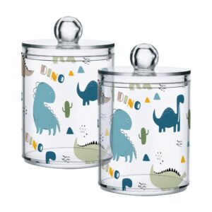 2 pack cartoon dinosaur qtip holder dispenser for cotton ball, cotton swab, cotton round pads, floss picks - plastic apothecary jar set for bathroom canister storage organization