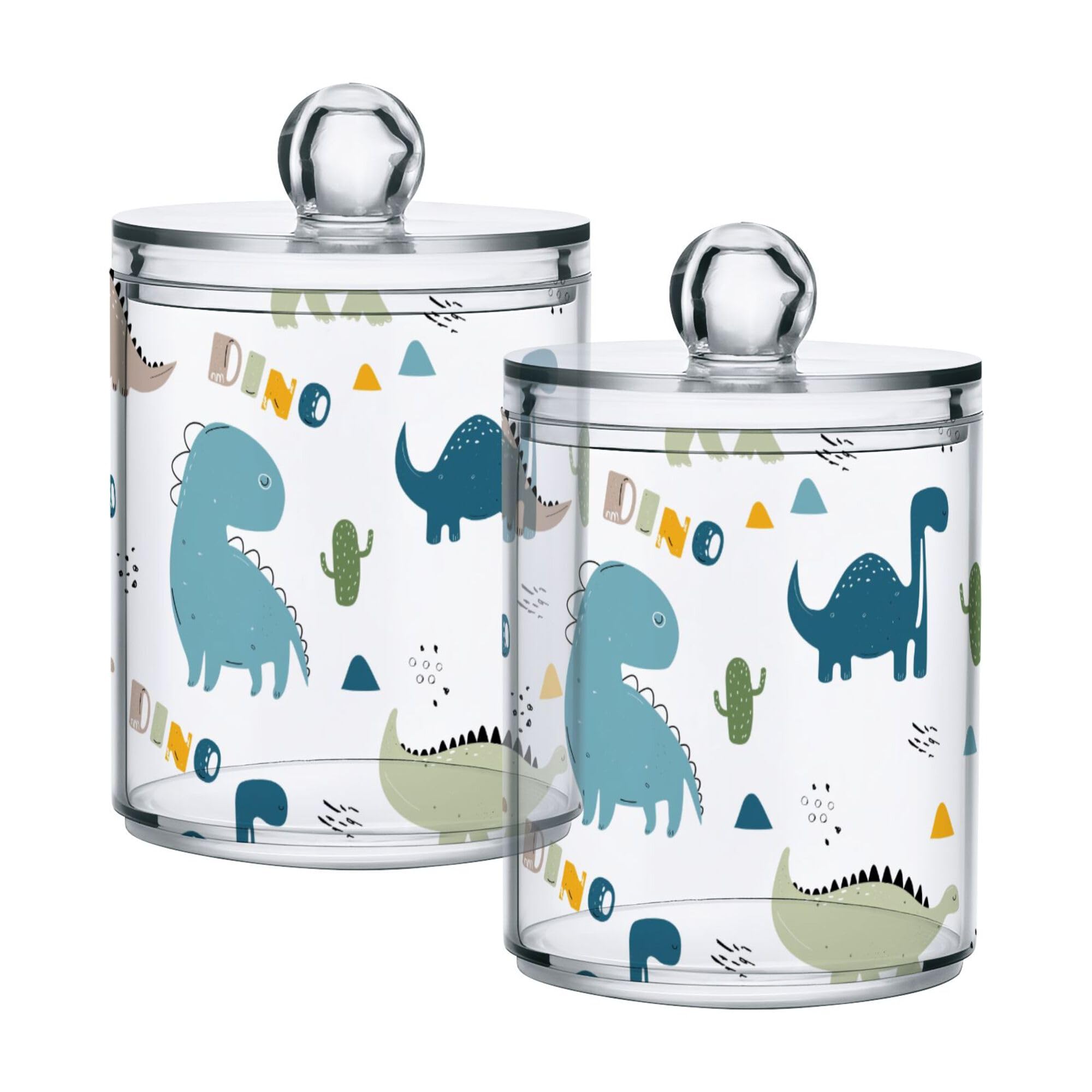 2 PACK Cartoon Dinosaur Qtip Holder Dispenser for Cotton Ball, Cotton Swab, Cotton Round Pads, Floss Picks - Plastic Apothecary Jar Set for Bathroom Canister Storage Organization