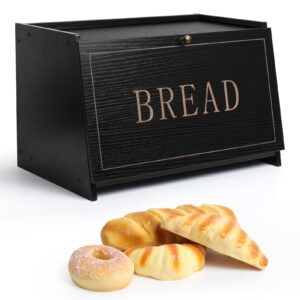 decociaga bread box for kitchen countertop, large capacity bread storage container for homemade bread, wooden bread holder bread bin for kitchen counter corner, cabinet, pantry, cupboard (black)