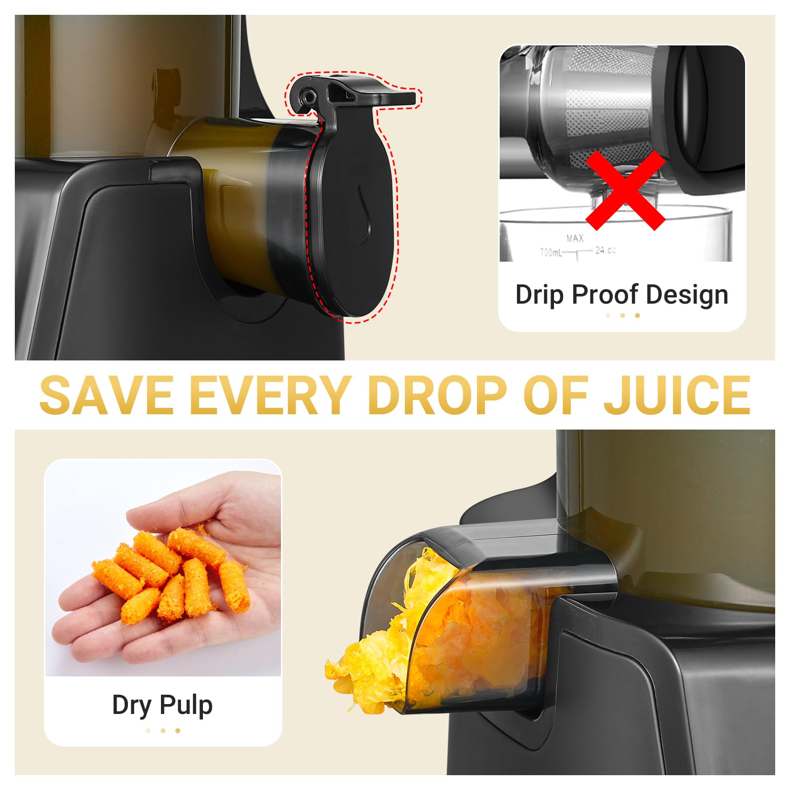 Cold Press Juicer - 4.25 IN Large Feed Chute Juicer Machine for Whole Fruit - Anti Drip Slow Juicer with Reverse Function - Masticating Juicer with Double-Layer Filter, Quiet Motor, Black