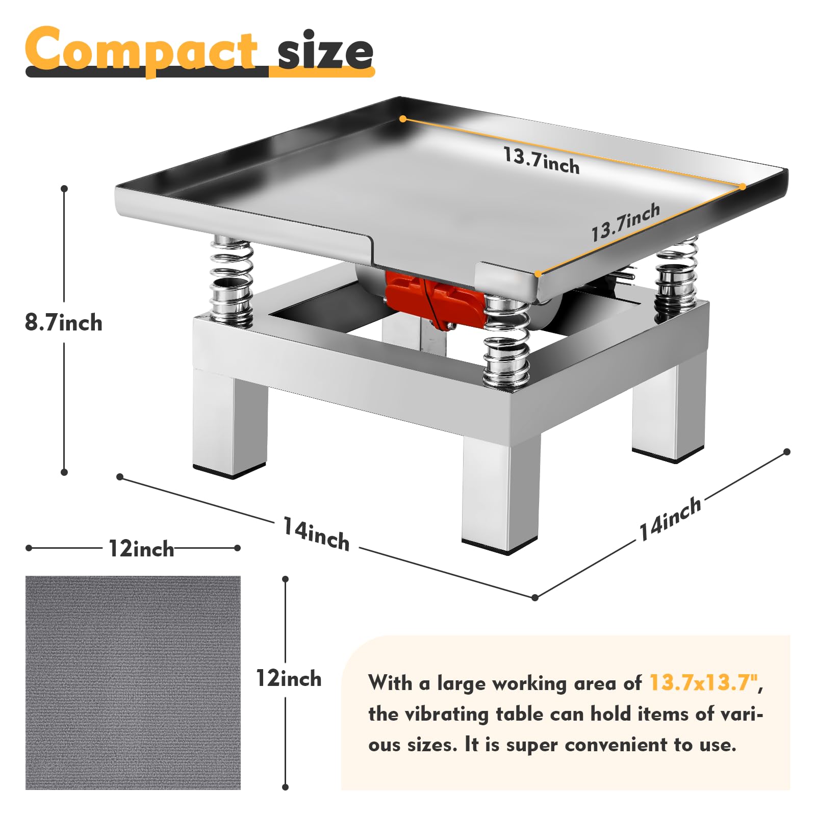 Concrete Vibration Table 13.8x13.8“ Vibrating Test Bench Model Plaster Shaker with Cloth Mat, Stainless Steel Vibrating Table for Concrete Molds Resin 110V