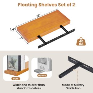 Fun Memories Wood Floating Shelves Set of 2, Rustic Pine Wood Floating Shelves for Wall Mounting, Wide Wall Shelves for Home Decor and Storage, 16" W x 7" D, Honey Oak