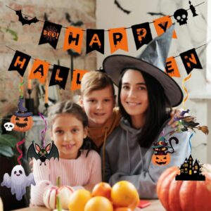 DWEARTY Happy Halloween Party Banner and 6 Hanging Decorations - Halloween Indoor Party Sign - Halloween Supplies for School, Home, and Office