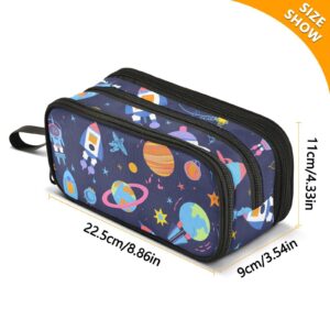 PJGINUIUA Large Pencil Case Aesthetic Pen Bag with 3 Compartment, Cartoon Planet Rockets Big Storage Pencil Pouch School Stationery Bag Organizer for Teen Boys Girls Students