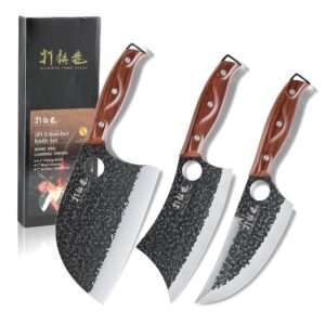 3pcs butcher knife set, 7" butcher meat cleaver, 7" serbian chef knife and 6.5" viking knife, hand forged kitchen knife set with plastic handle, geat for home, camping, bbq (unique finger hole design)