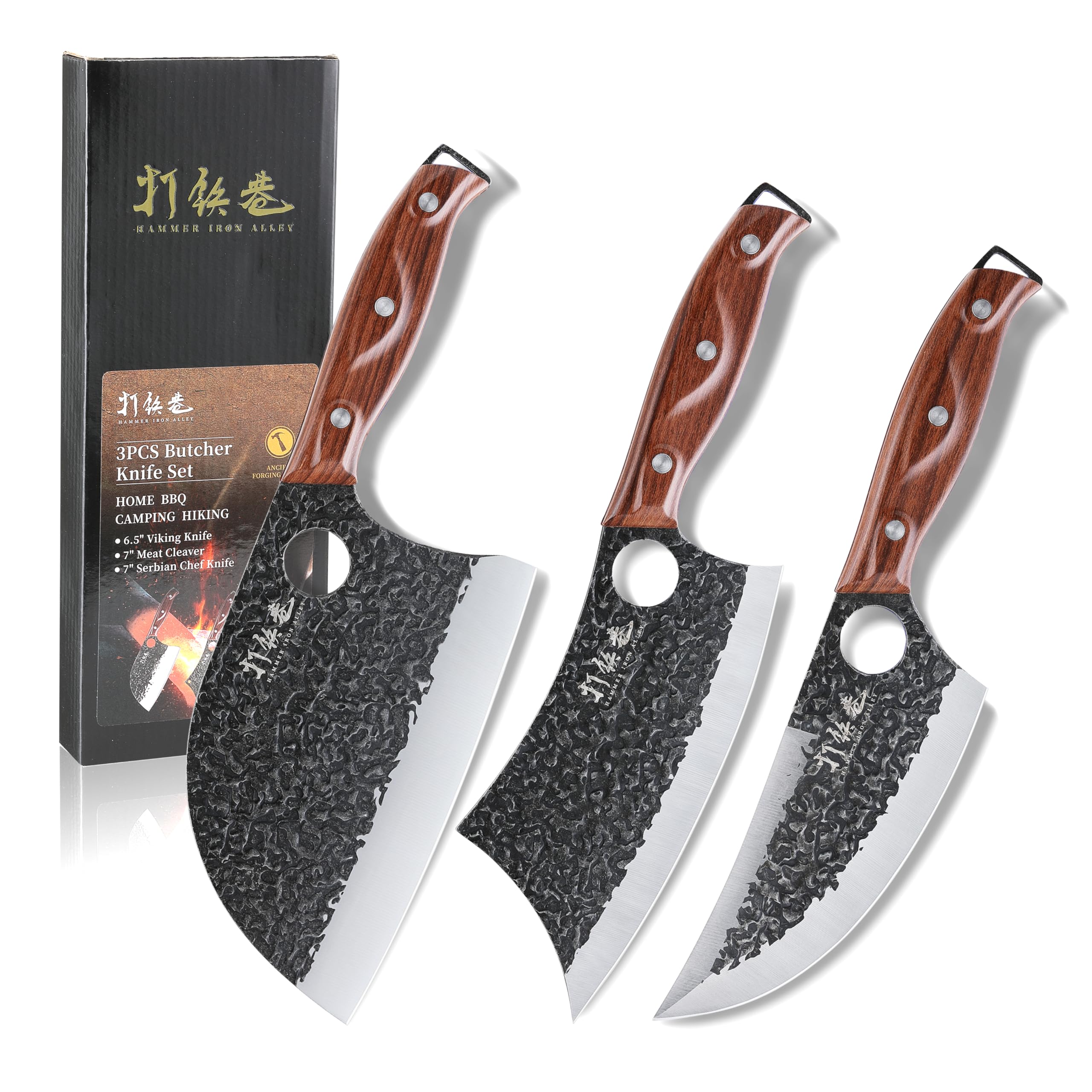 3PCS Butcher Knife Set, 7" Butcher Meat Cleaver, 7" Serbian Chef Knife and 6.5" Viking Knife, Hand Forged Kitchen Knife Set with Plastic Handle, Geat for Home, Camping, BBQ (Unique Finger Hole Design)