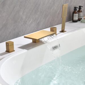 vanfoxle waterfall bathtub faucet set with hand shower, 9 inch brushed gold deck mount roman tub filler faucet