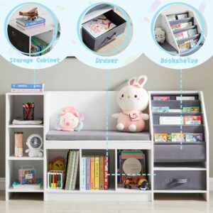 GABHX Montessori Kids Reading Nook with Sling Bookshelf, Toy Organizer with Bench and Black Board, 5 in 1 Kids Bookcases for Nursery or Children's Room