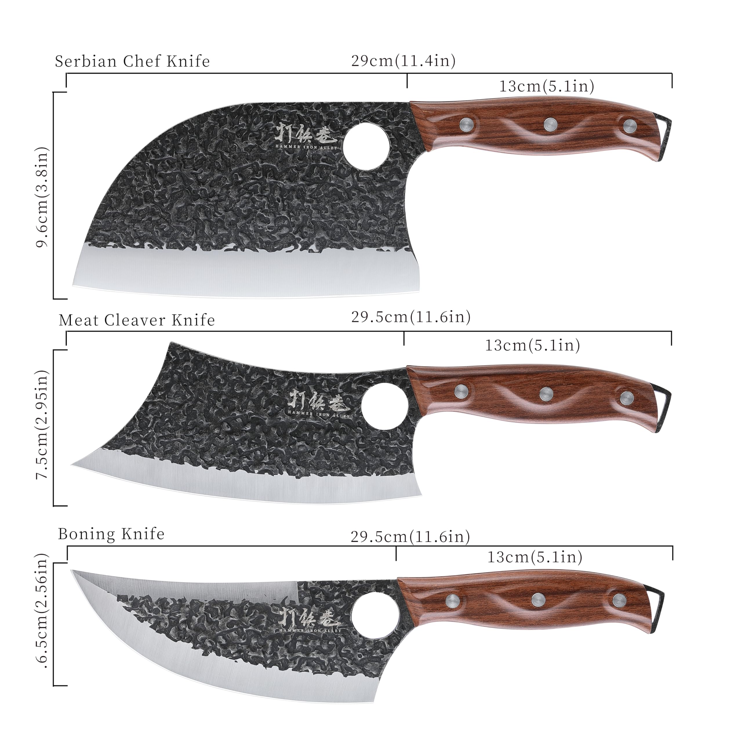 3PCS Butcher Knife Set, 7" Butcher Meat Cleaver, 7" Serbian Chef Knife and 6.5" Viking Knife, Hand Forged Kitchen Knife Set with Plastic Handle, Geat for Home, Camping, BBQ (Unique Finger Hole Design)