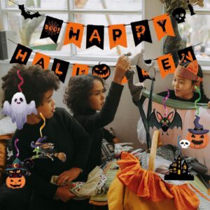 DWEARTY Happy Halloween Party Banner and 6 Hanging Decorations - Halloween Indoor Party Sign - Halloween Supplies for School, Home, and Office