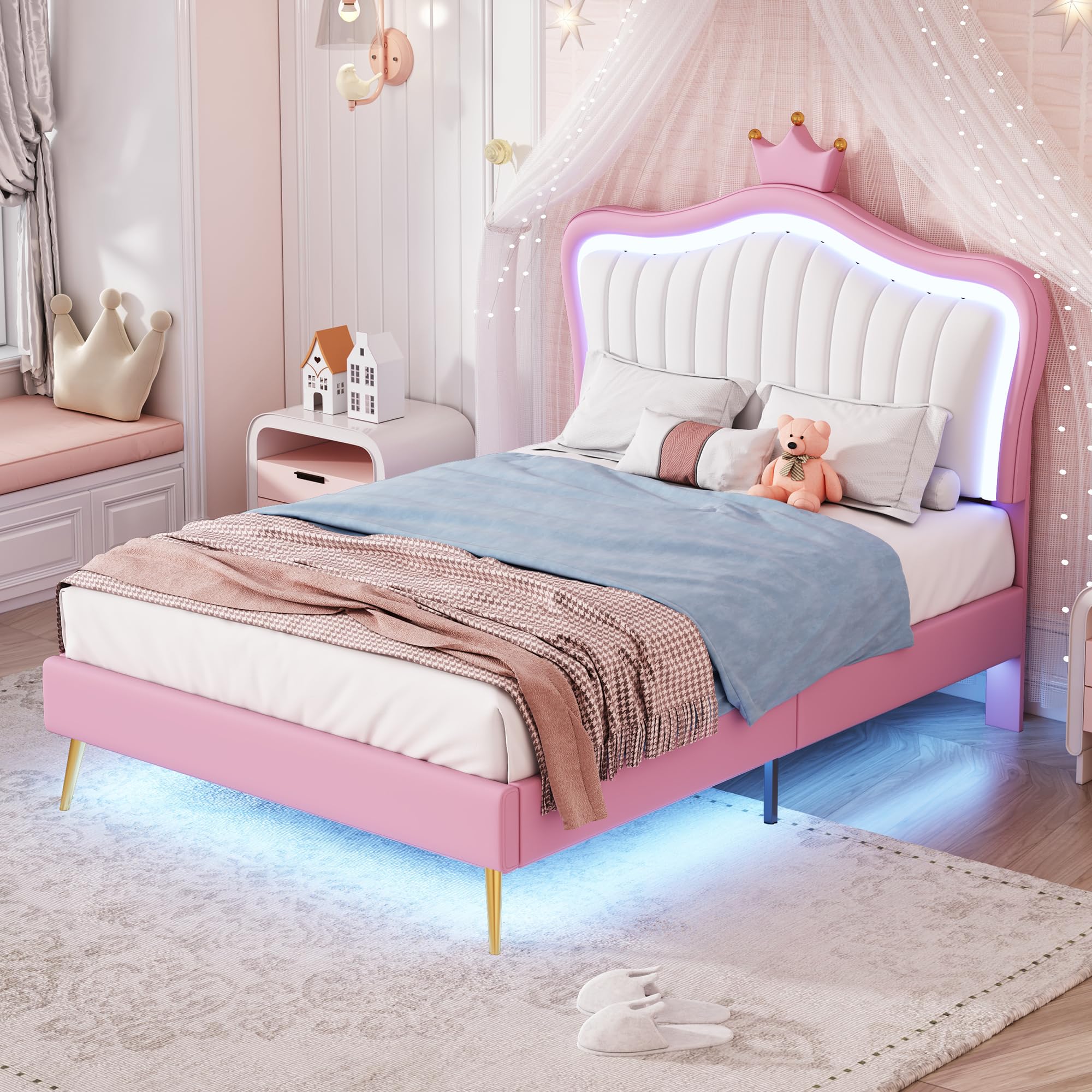 Crown Headboard Twin Size Princess Bed for Girls,Upholstered Twin Bed Frame with LED Lights for Kids,Twin Bed for Girls,Adjusted Headboard(Twin,Pink)