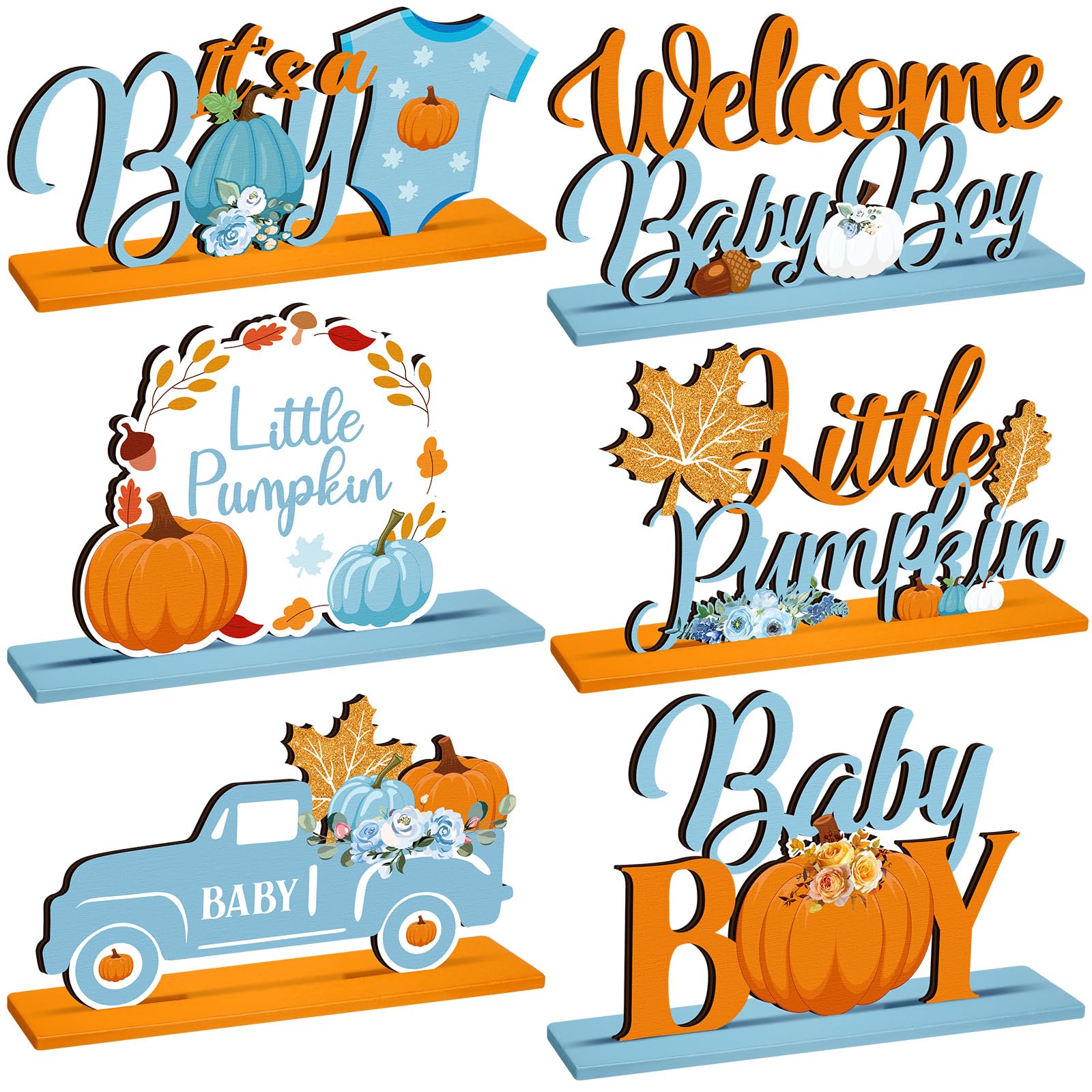 6 Pcs Fall Little Pumpkin Party Decorations Pumpkin Wooden Centerpieces Blue Boy Maple Table Toppers First Birthday Table Centerpieces a Little Pumpkin Baby Boy Table Decor for Boys Fall Party