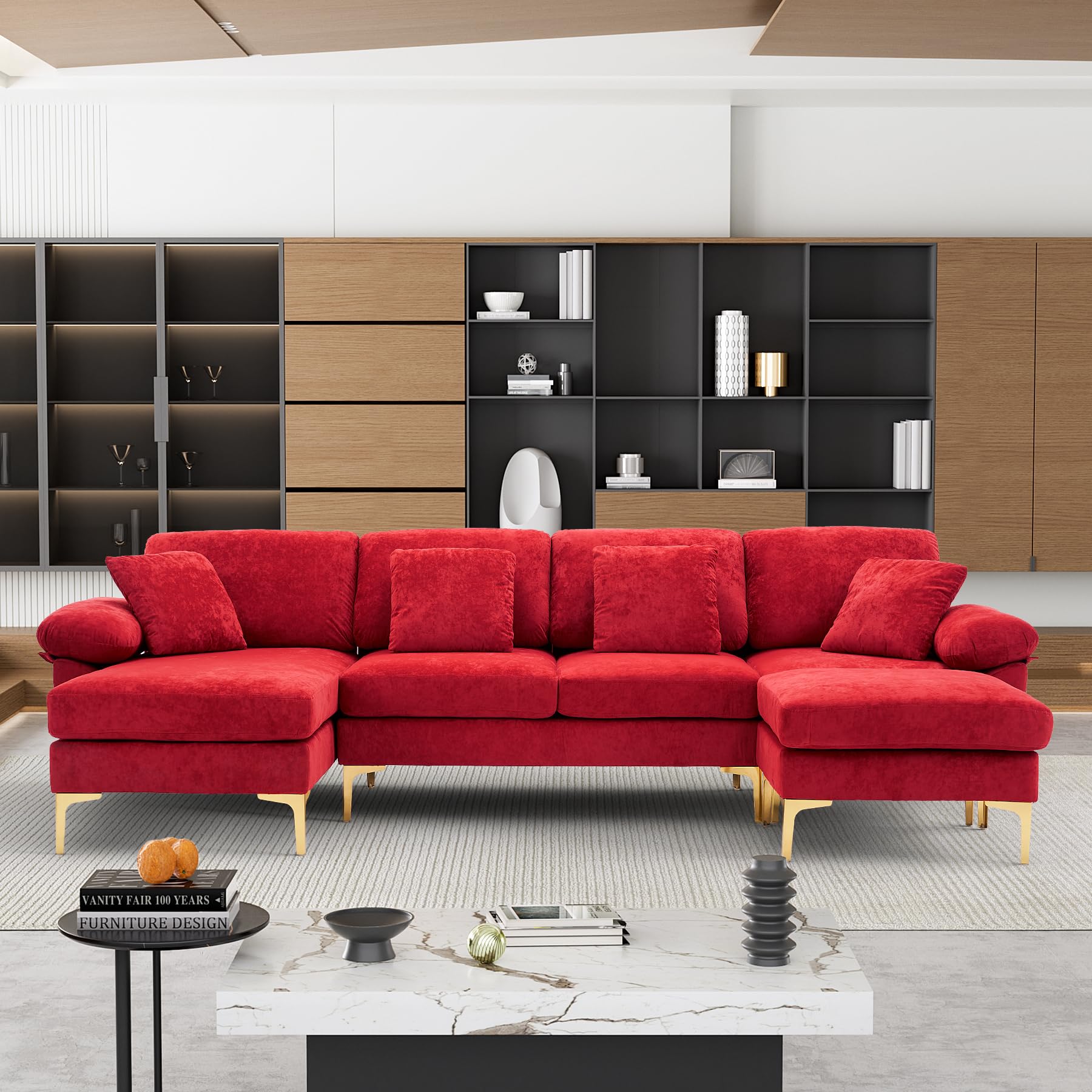 OUYESSIR U-Shaped Sectional Sofa Couch, 4 Seat Sofa Set for Living Room, Convertible L-Shaped Velvet Couch Set with Chaise Lounge, Ottoman and Pillows,114 inches (Red)