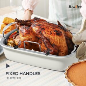 Slow Slog Roasting Pan, 17 Inch x 13 Inch Roaster with Removable Rack, Nonstick Roaster Pan for Roasting Turkey, Meat & Vegetables (Beige)