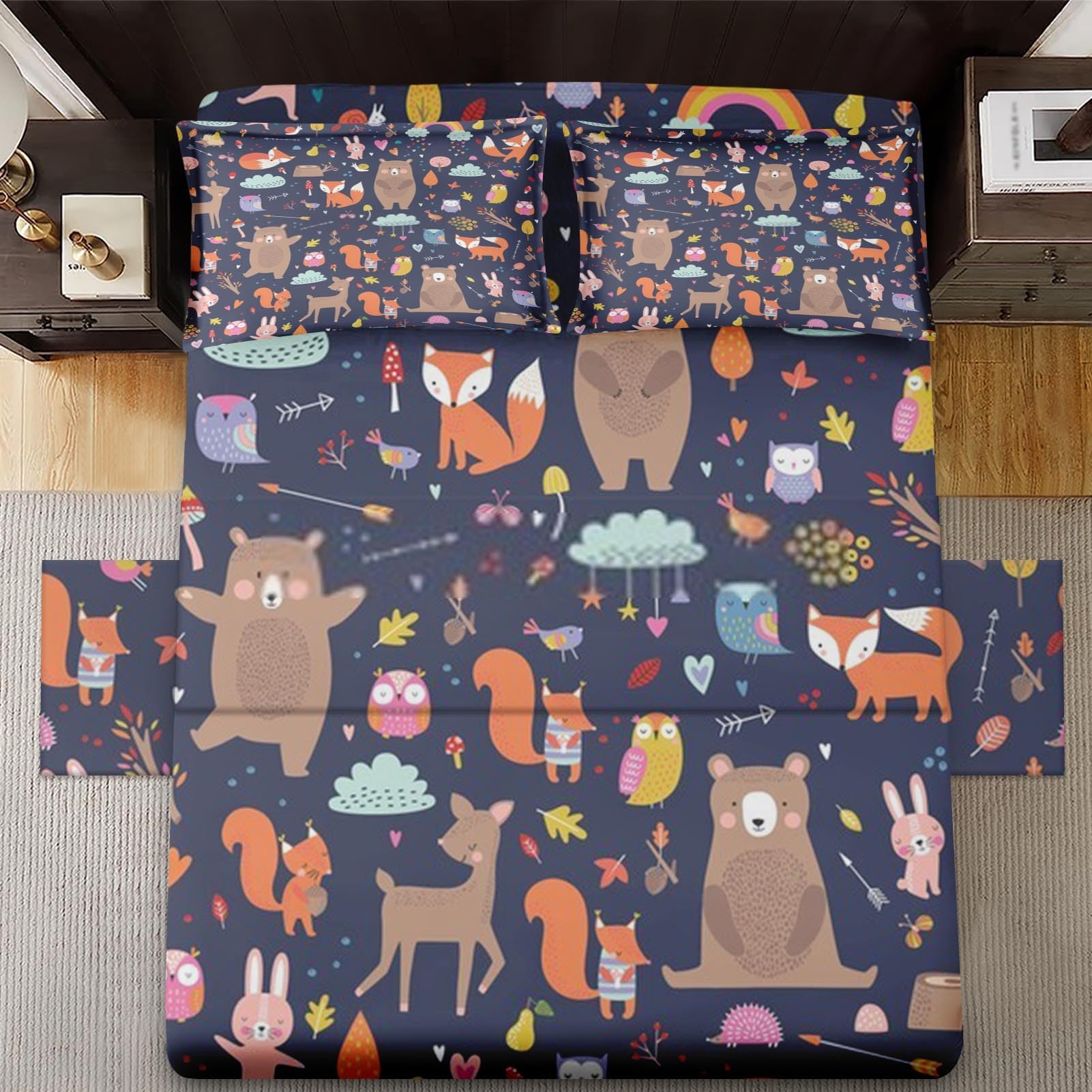 Pinbeam 4 Pcs Fitted Sheet Set Queen Size with 16" Deep Pocket, Animal Cute Autumn Bedding Set with Pillowcases for Kids and Adults, Bear Woodland Rabbit Flat Bed Sheet Set