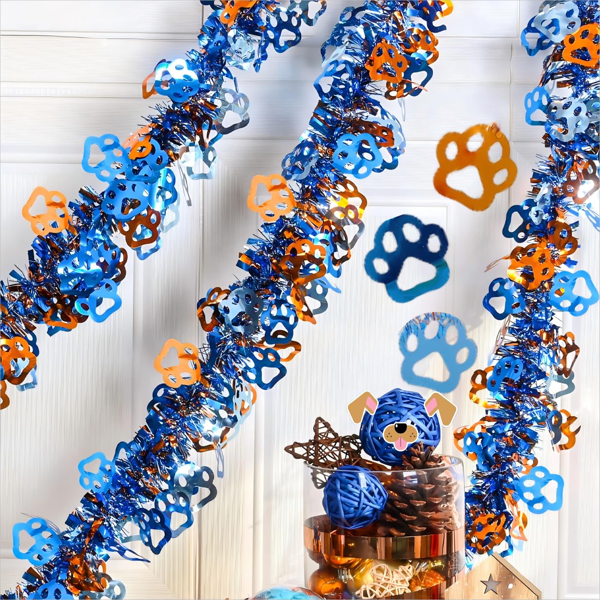 LOLStar Blue Dog Birthday Decorations 26 ft Orange Blue and Light Blue Dog Paw Foil Tinsel Garland,Blue Dog Birthday Party Supplies,Perfect Hanging Photo Booth Prop for Blue Dog Themed Decor