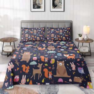 Pinbeam 4 Pcs Fitted Sheet Set Queen Size with 16" Deep Pocket, Animal Cute Autumn Bedding Set with Pillowcases for Kids and Adults, Bear Woodland Rabbit Flat Bed Sheet Set