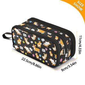 PJGINUIUA 3 Compartment Pencil Case Bag Big Capacity Pencil Pouch Happy Corgi Makeup Pouch Stationery Bag for School Teen Adults Girl Boy Men Women