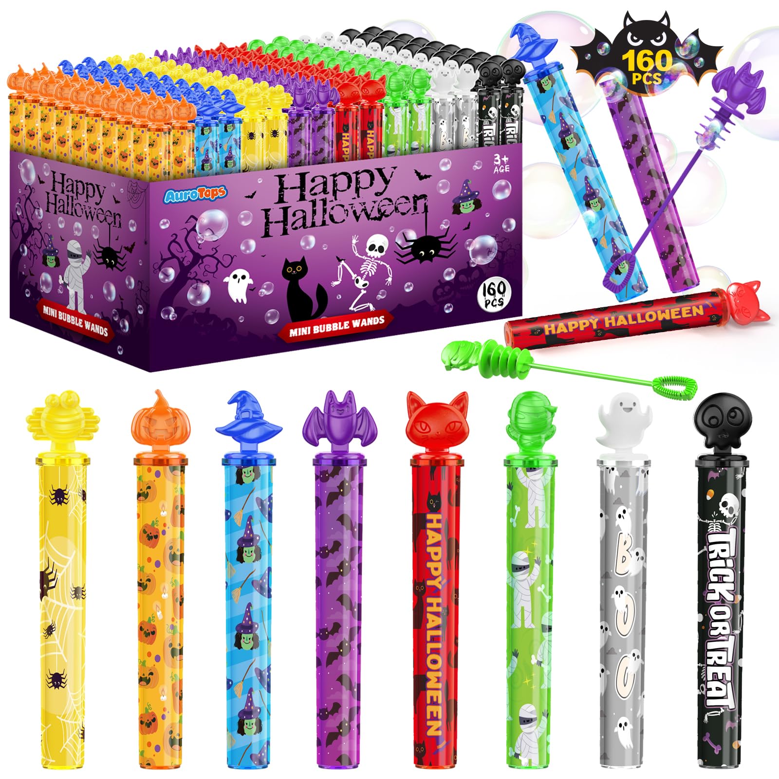 AuroTops 160pcs Halloween Mini Bubble Wands, Halloween Party Favors for Kids, Halloween-Themed Stickers Bubble Wands for Trick or Treat, Goodie Bags, Halloween Toys Gifts for Kids