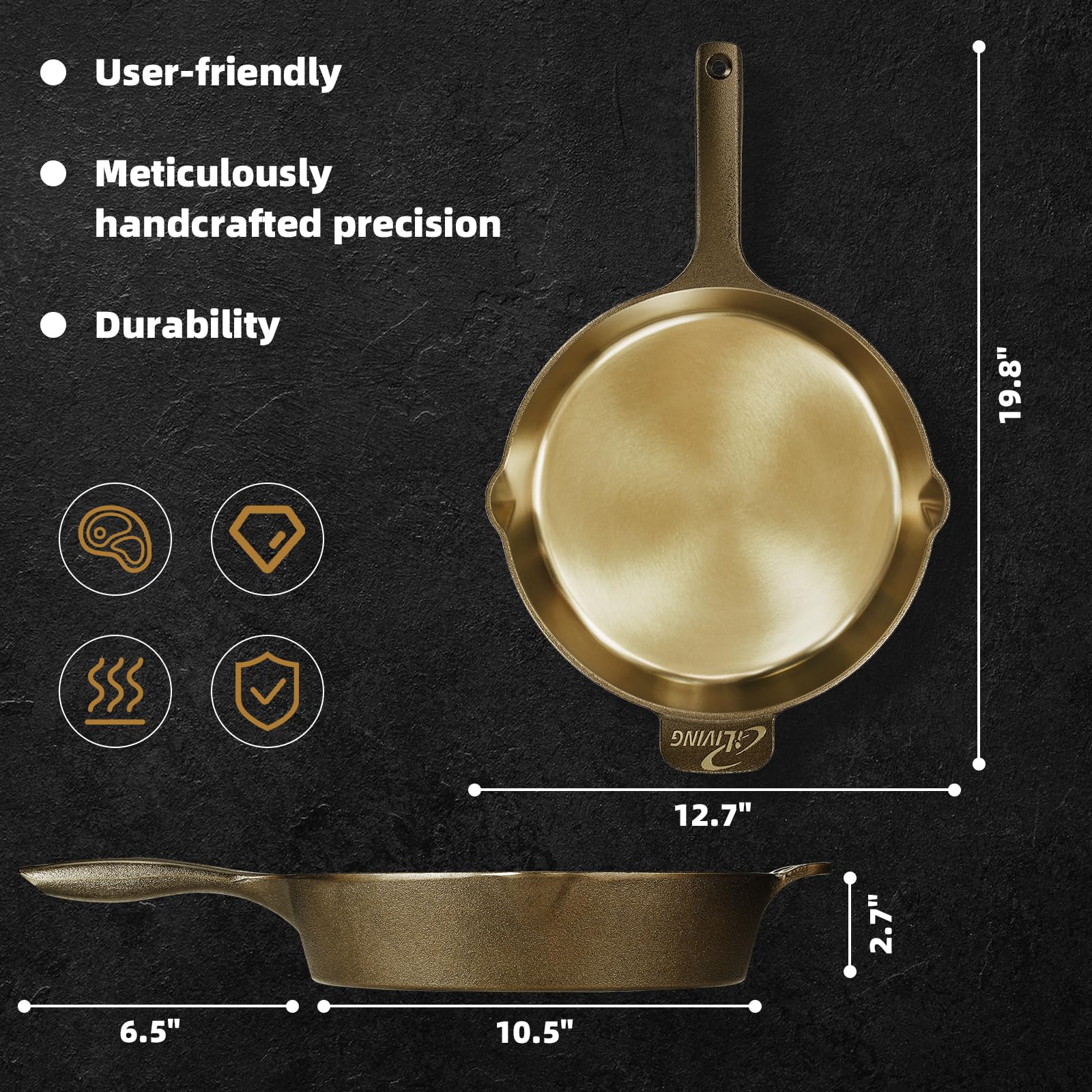 iLiving Seasoned Modern Heirloom Mirror Polished Cast Iron Skillet Pan 12" (2.7" Wall Height/3.7 L)