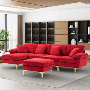 ouyessir u-shaped sectional sofa couch, 4 seat sofa set for living room, convertible l-shaped velvet couch set with chaise lounge, ottoman and pillows,114 inches (red)