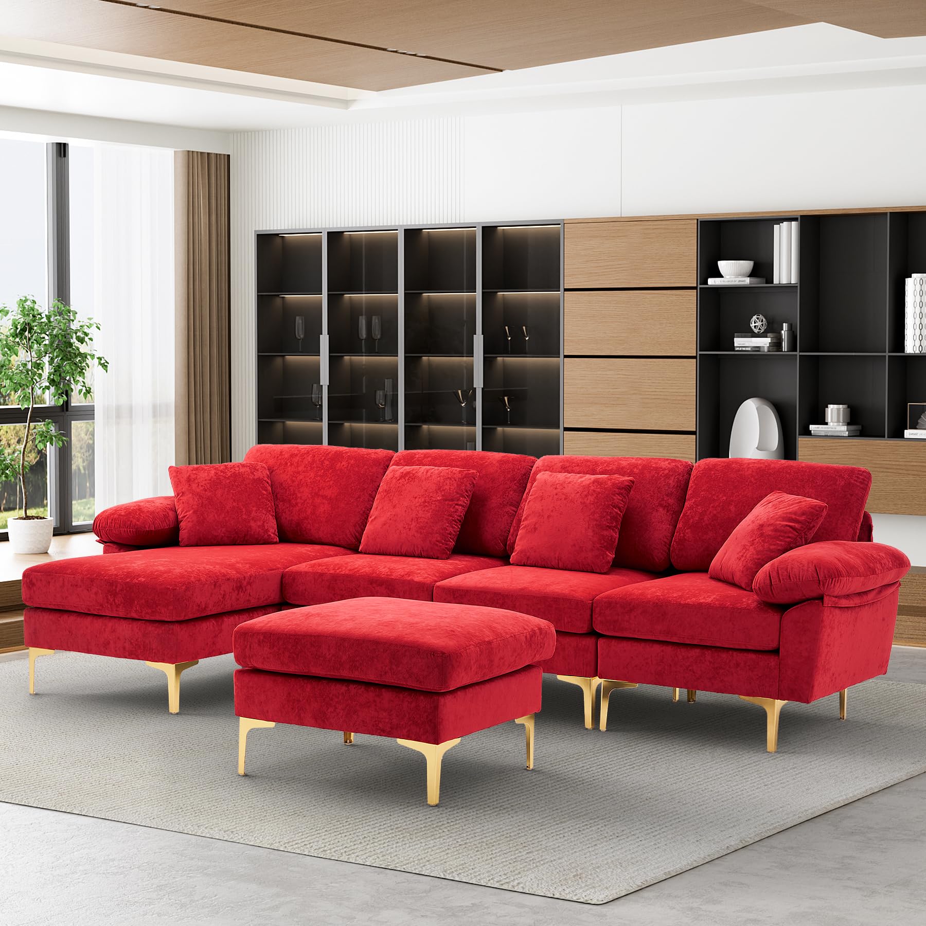 OUYESSIR U-Shaped Sectional Sofa Couch, 4 Seat Sofa Set for Living Room, Convertible L-Shaped Velvet Couch Set with Chaise Lounge, Ottoman and Pillows,114 inches (Red)