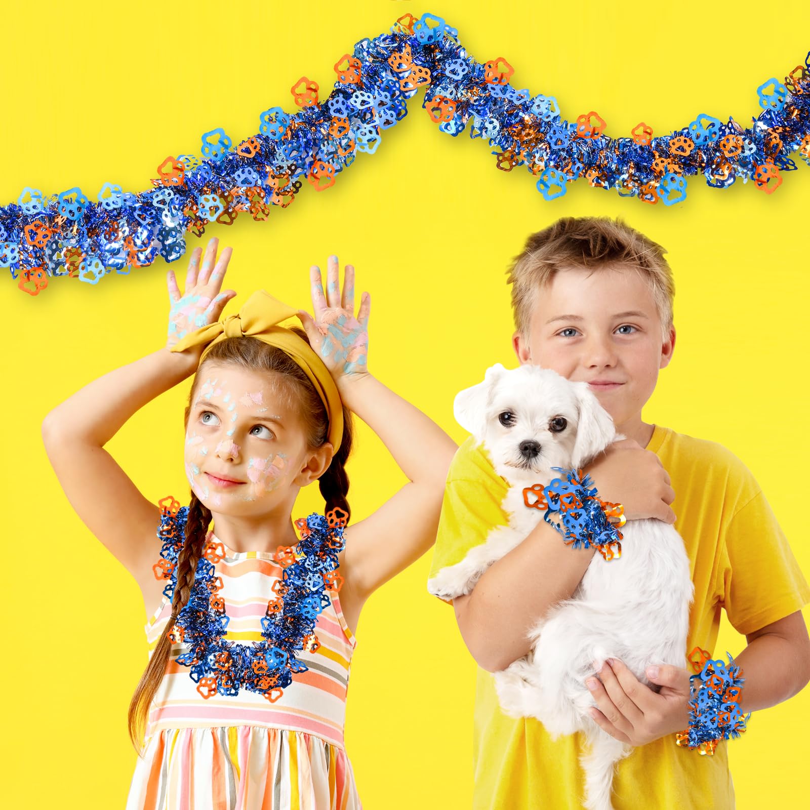 LOLStar Blue Dog Birthday Decorations 26 ft Orange Blue and Light Blue Dog Paw Foil Tinsel Garland,Blue Dog Birthday Party Supplies,Perfect Hanging Photo Booth Prop for Blue Dog Themed Decor