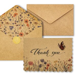 azaza floral thank you cards with envelopes 24 pk, wedding thank you cards unique floral design, 4x6 wildflower thank you notes for baby shower, bridal shower, sympathy (kraft butterfly)