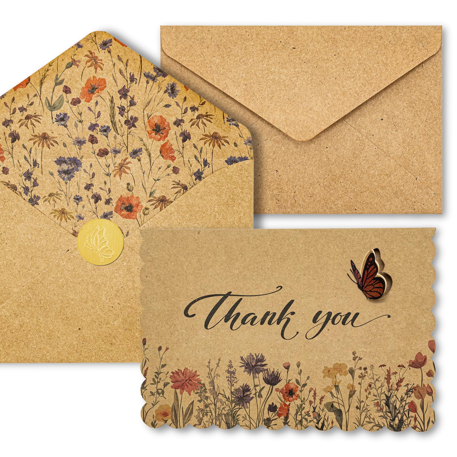 AZAZA Floral Thank You Cards with Envelopes 24 PK, Wedding Thank You Cards Unique Floral Design, 4x6 Wildflower Thank You Notes for Baby Shower, Bridal Shower, Sympathy (Kraft Butterfly)