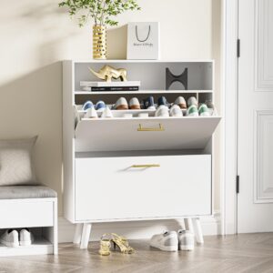 sinrom shoe cabinet for entryway, slim shoe storage cabinet with 2 flip drawers, freestanding shoe organizer with open shelf for hallway, white