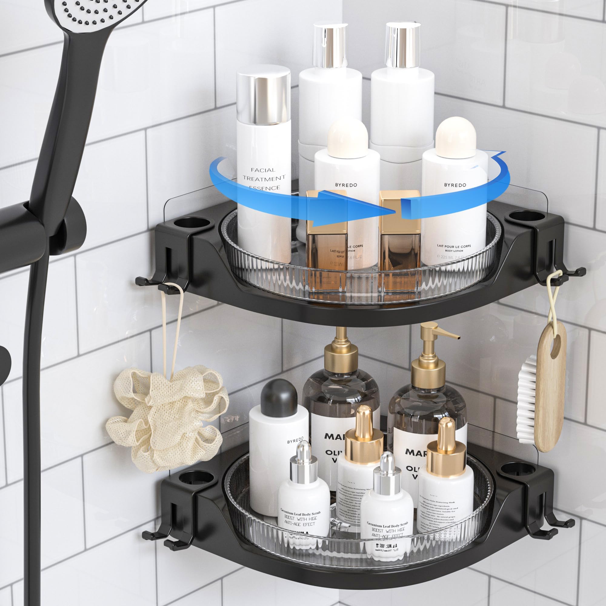 JNFUZ Corner Shower Caddy, Bathroom Wall 360° Rotating Shower Rack Adhesive Organizers Shelves Hanging Shelf for Inside Shower, No Drilling Lazy Susan Shower Storage for Bathroom, Dorm and Kitchen