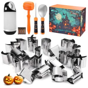 haushof 24pcs halloween pumpkin carving kit, safe and easy pumpkin carving tools, stainless steel pumpkin carving stencils for halloween jack-o-lanterns, with hammer & camping lantern