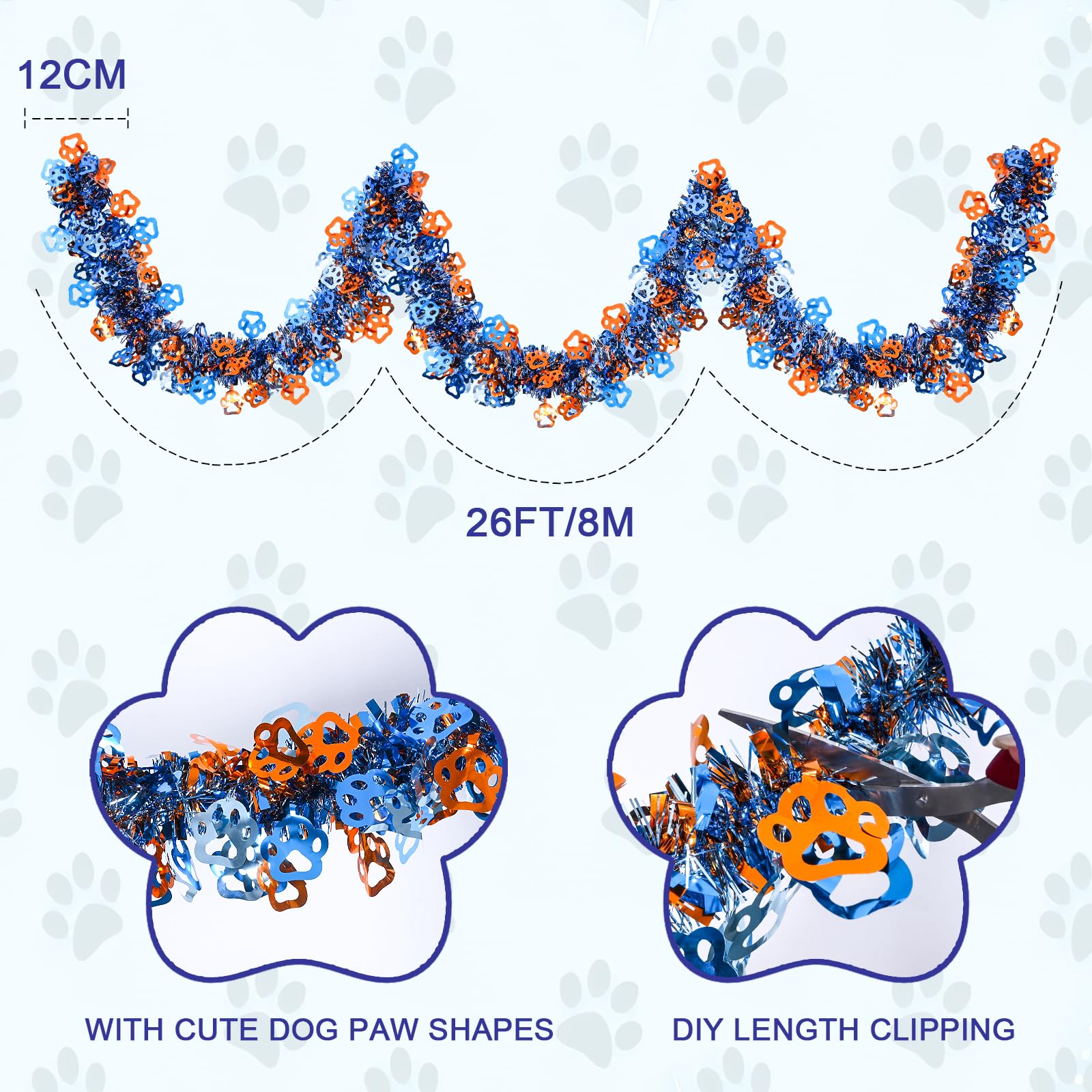 LOLStar Blue Dog Birthday Decorations 26 ft Orange Blue and Light Blue Dog Paw Foil Tinsel Garland,Blue Dog Birthday Party Supplies,Perfect Hanging Photo Booth Prop for Blue Dog Themed Decor