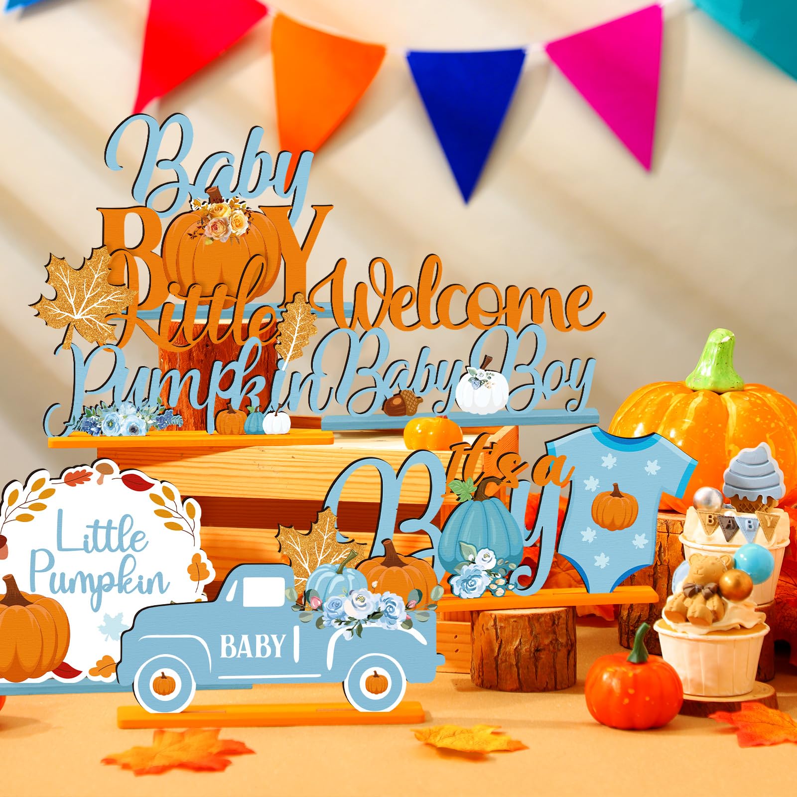 6 Pcs Fall Little Pumpkin Party Decorations Pumpkin Wooden Centerpieces Blue Boy Maple Table Toppers First Birthday Table Centerpieces a Little Pumpkin Baby Boy Table Decor for Boys Fall Party