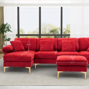 OUYESSIR U-Shaped Sectional Sofa Couch, 4 Seat Sofa Set for Living Room, Convertible L-Shaped Velvet Couch Set with Chaise Lounge, Ottoman and Pillows,114 inches (Red)